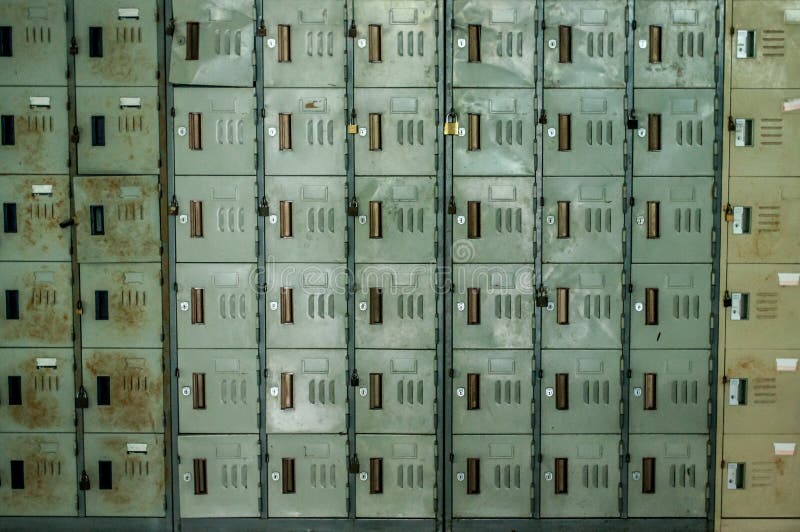 A Perspective View of a Stack of Grey Metal School Lockers with ...