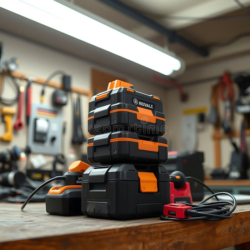 A Perspective View of a Stack of Power Tool Batteries Charging on a ...