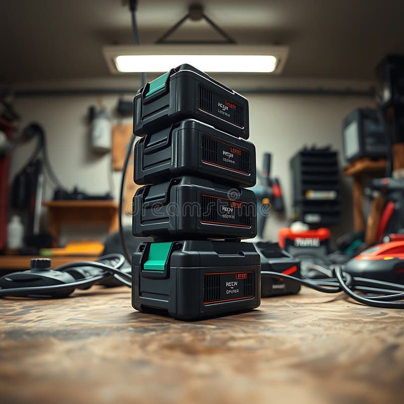 A Perspective View of a Stack of Power Tool Batteries Charging on a ...