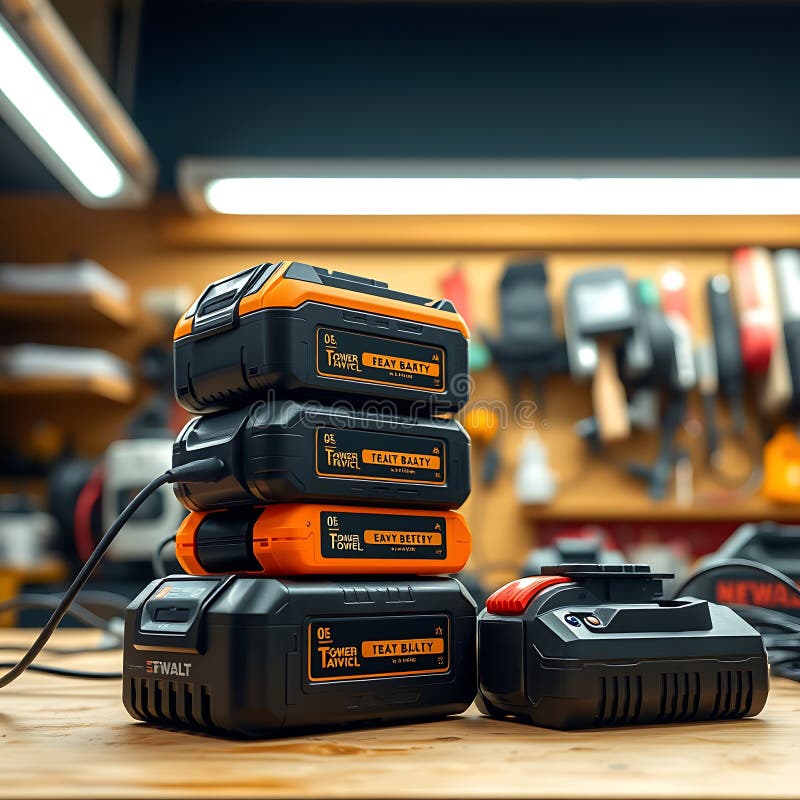 A Perspective View of a Stack of Power Tool Batteries Charging on a ...