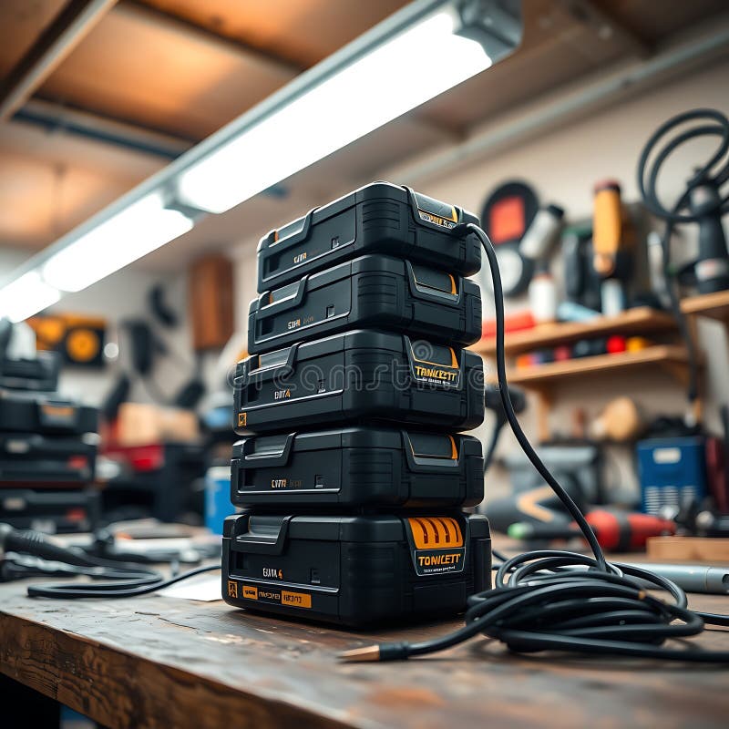 A Perspective View of a Stack of Power Tool Batteries Charging on a ...