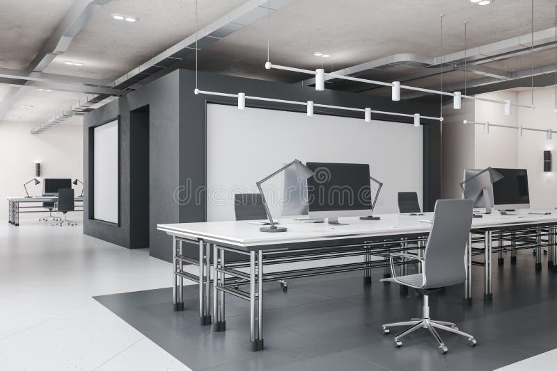 Perspective View on Stylish Monochrome Open Space Office with Modern ...