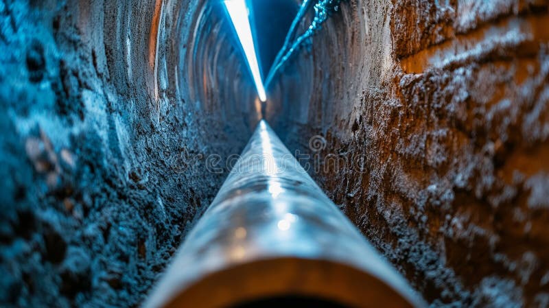 Perspective View through an Underground Tunnel with a Pipe. Stock Image ...