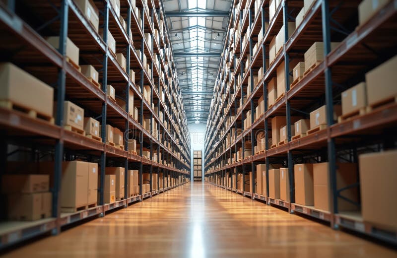 Perspective View of Warehouse Storage Center with Racks Full of Boxes ...