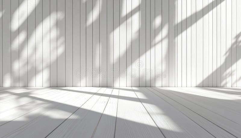 Perspective View of White Room Interior with Wood Plank Floor and ...