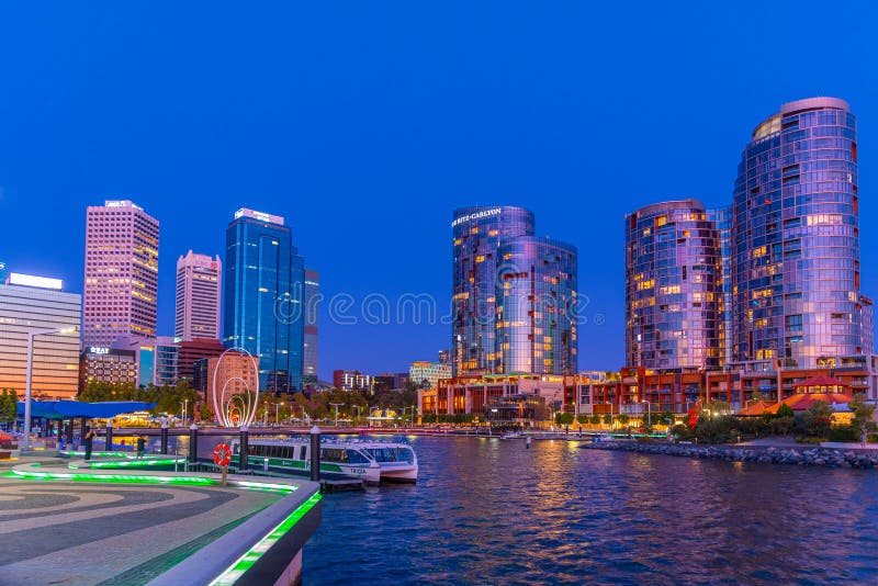PERTH, AUSTRALIA, JANUARY 19, 2020: Night View of Skyline of Elizabeth ...