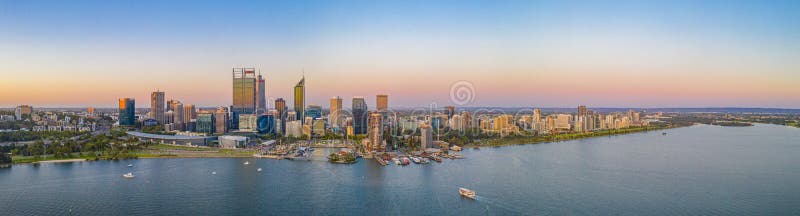 PERTH, AUSTRALIA, JANUARY 17, 2020: Sunset Panorama of Elizabeth Quay ...