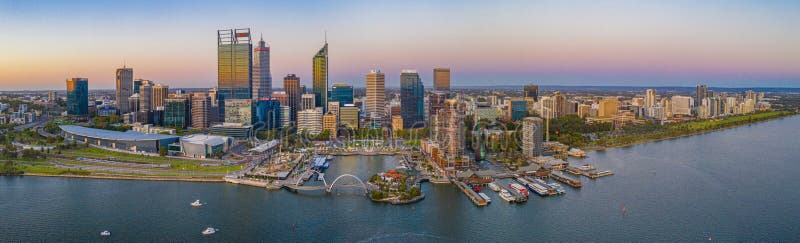 PERTH, AUSTRALIA, JANUARY 17, 2020: Sunset Panorama of Elizabeth Quay ...