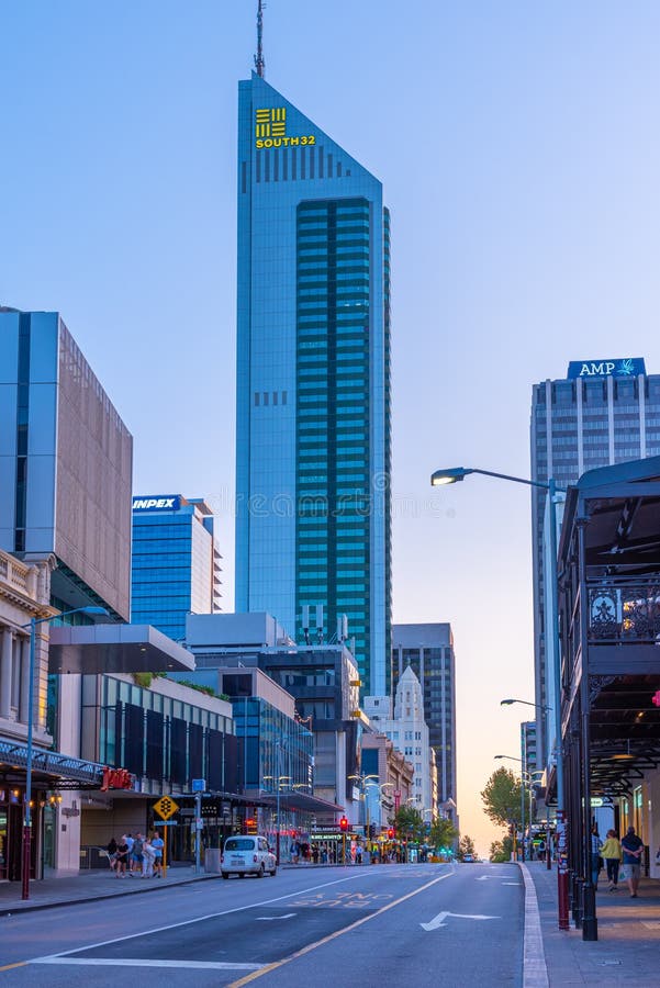 PERTH, AUSTRALIA, JANUARY 19, 2020: Sunset View of a Street in Central ...