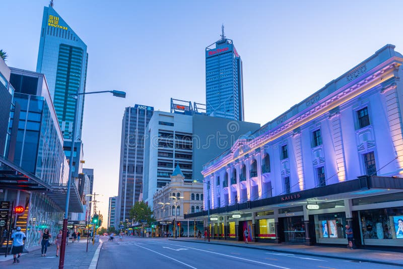 PERTH, AUSTRALIA, JANUARY 19, 2020: Sunset View of a Street in Central ...