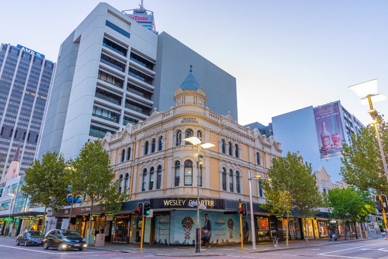 PERTH, AUSTRALIA, JANUARY 19, 2020: Sunset View of a Street in Central ...