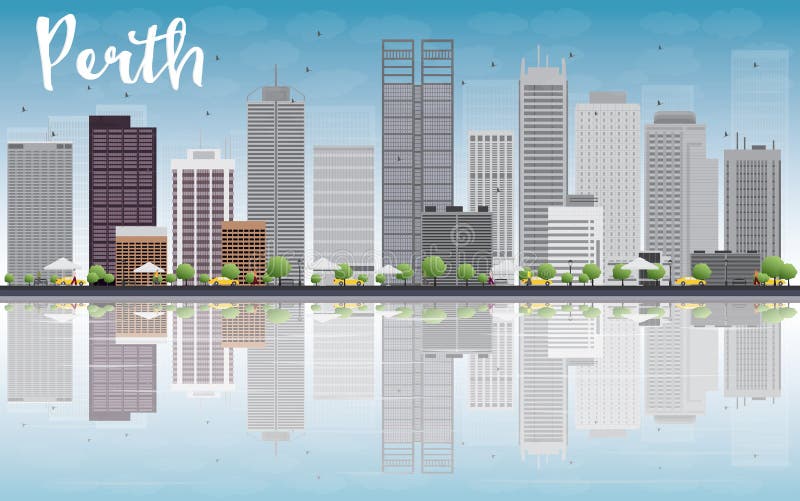 Perth Skyline with Grey Buildings, Blue Sky and Reflection Stock Vector ...