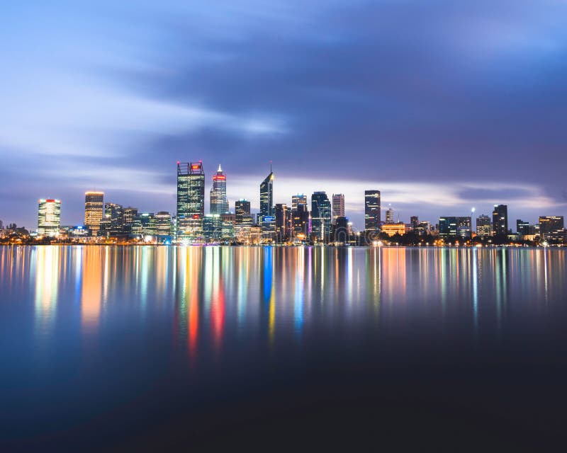 Perth Skyline in Western Australia with the Lights Reflected in the ...