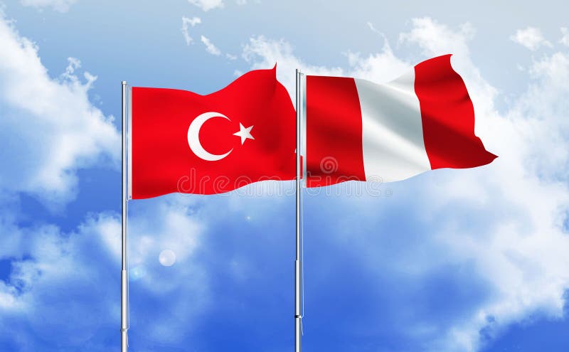 Peru and Turkey Flags Together Waving Against Blue Sky Stock Image ...