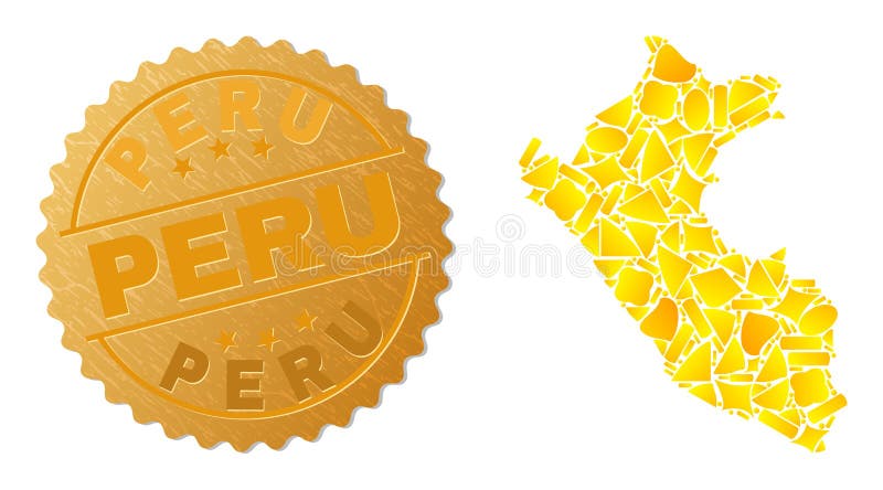 Peru Map Mosaic of Gold Items and Metallic Peru Stamp Stock Vector ...