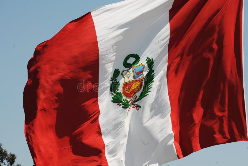 Peru National Flag Cloth Fabric Waving on Beautiful Sky Stock Photo ...