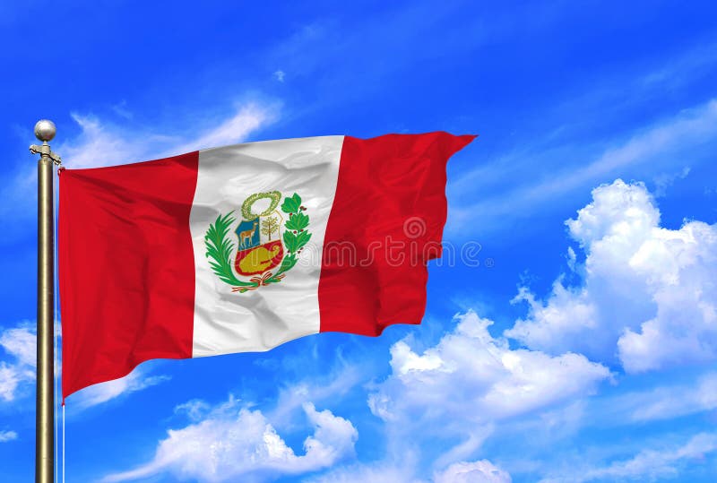 Peru National Flag Flying Proudly in the Clear Sky Stock Image - Image ...