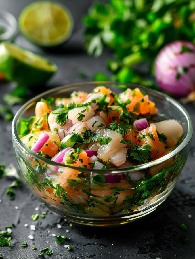 Peruvian Ceviche with Fresh Fish, Lime, Red Onion, Cilantro, in a Glass ...