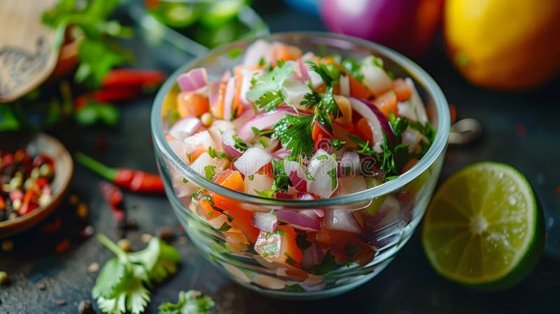 Peruvian Ceviche with Fresh Fish, Lime, Red Onion, Cilantro, in a Glass ...