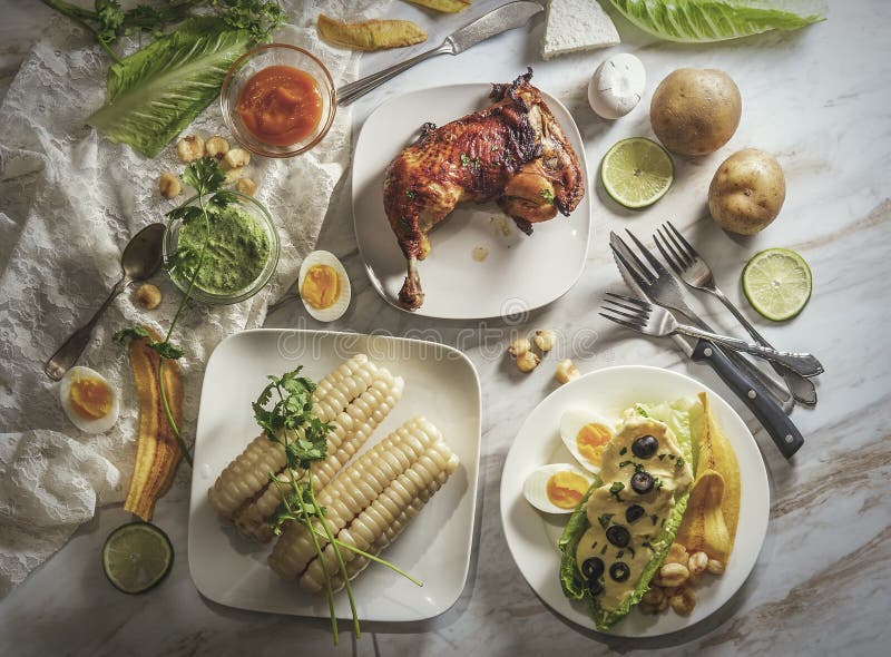 Peruvian Full Course Dinner Stock Photo - Image of huancaina, chips ...