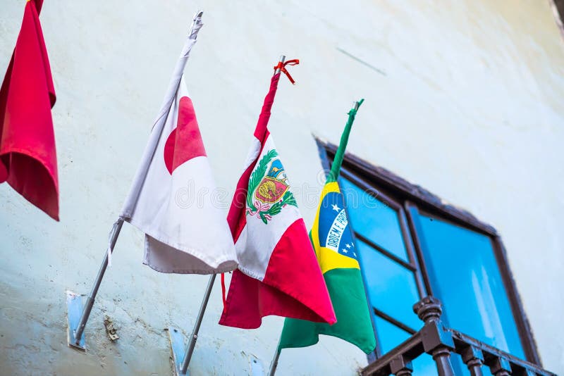 Peruvian, Japanese, and Brazilian Flags Stock Photo - Image of banner ...