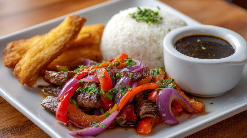 Lomo Saltado, Traditional Peruvian Dish, with French Fries Served on a ...
