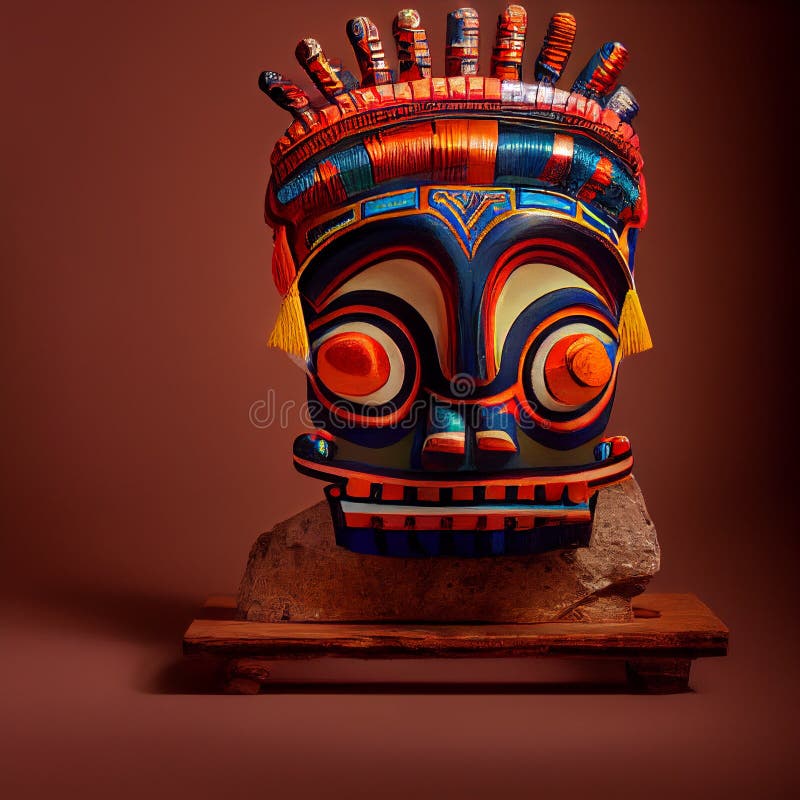 Peruvian Mayan Mask on Stand in Studio. Multi Color. Studio Backdrop ...