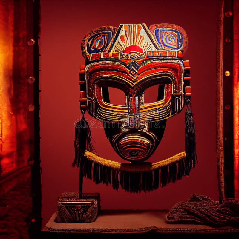 Peruvian Mayan Mask on Stand in Studio. Multi Color. Studio Backdrop ...