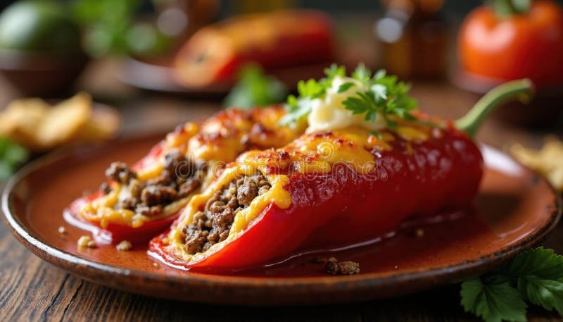 Peruvian Rocoto Relleno with Cheese and Ground Beef on Ceramic Plate ...
