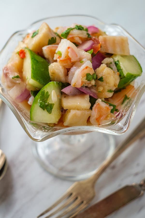 Peruvian Shrimp Tilapia Ceviche Stock Photo - Image of chilled, prawns ...