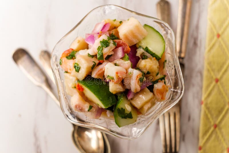 Peruvian Shrimp Tilapia Ceviche Stock Image - Image of bell, prawns ...