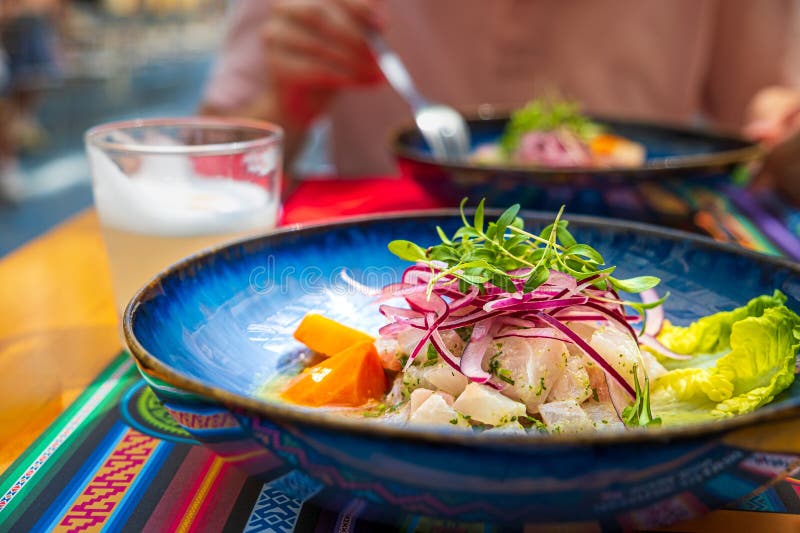 Peruvian-style Ceviche Plate in Outdoor Dining, Pisco Sour Cocktail ...