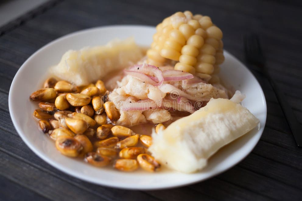 Peruvian Traditional Dish.fish Ceviche with Yuka and Corn Stock Photo ...
