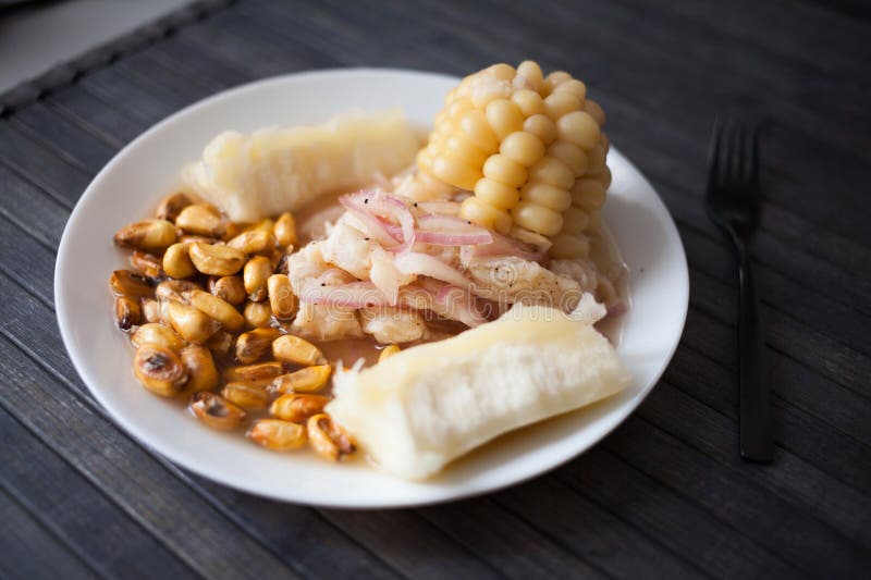 Peruvian Traditional Dish.fish Ceviche with Yuka and Corn Stock Photo ...
