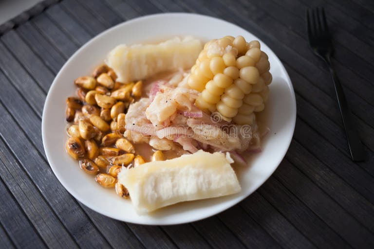 Peruvian Traditional Dish.fish Ceviche with Yuka and Corn Stock Photo ...