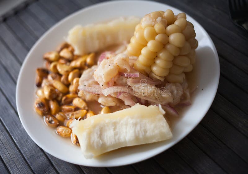Peruvian Traditional Dish.fish Ceviche with Yuka and Corn Stock Image ...