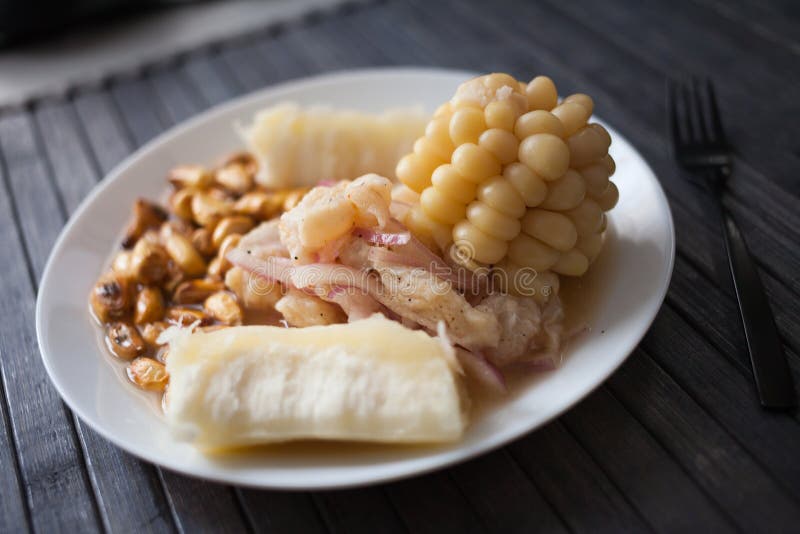 Peruvian Traditional Dish.fish Ceviche with Yuka and Corn Stock Image ...