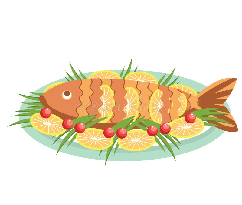 Pescados Cocinados Vector Con Los Limones. Isolat De La Comida Del ...