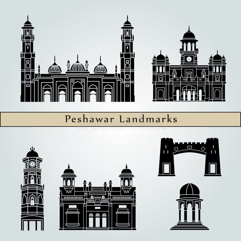Peshawar Landmarks and Monuments Isolated on Blue Stock Vector ...