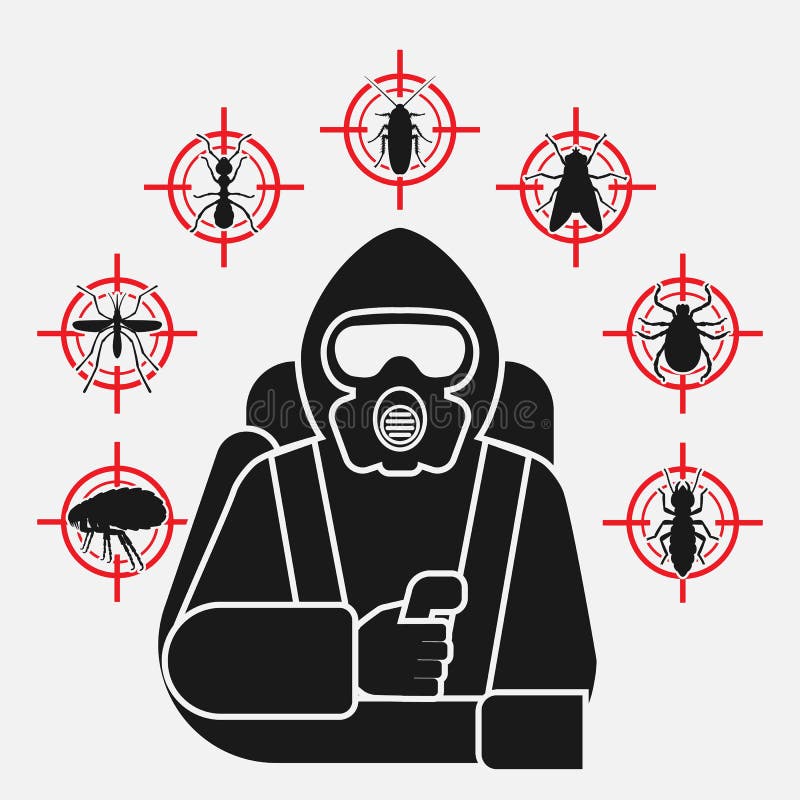 Exterminator with Sprayer Silhouette Surrounded by Insect Pest Icons ...