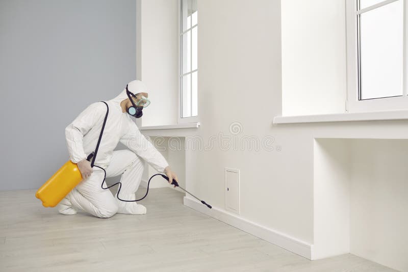 Pest Control Service Worker in Protective Uniform Spraying Insecticide ...