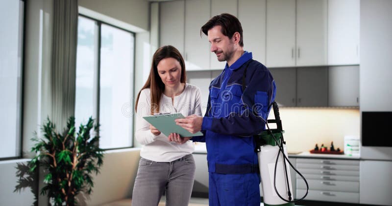 Pest Control Worker Explains Invoice To Woman in Kitchen Stock Image ...