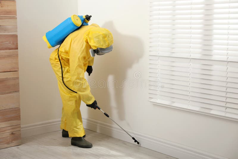 Pest Control Worker in Protective Suit Spraying Insecticide on Floor ...