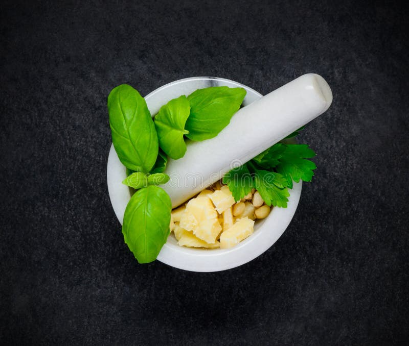 Pestle and Mortar with Basil, Cheese and Pine Nuts Stock Image - Image ...