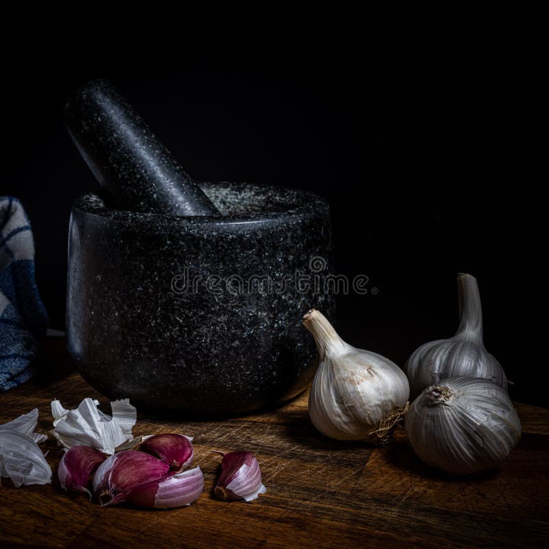 Pestle and Mortar with Garlic Stock Photo - Image of prepare, dark ...