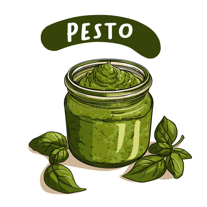 Pesto Vector Illustration. Pesto in Glass Jar with Basil Leaves Stock ...