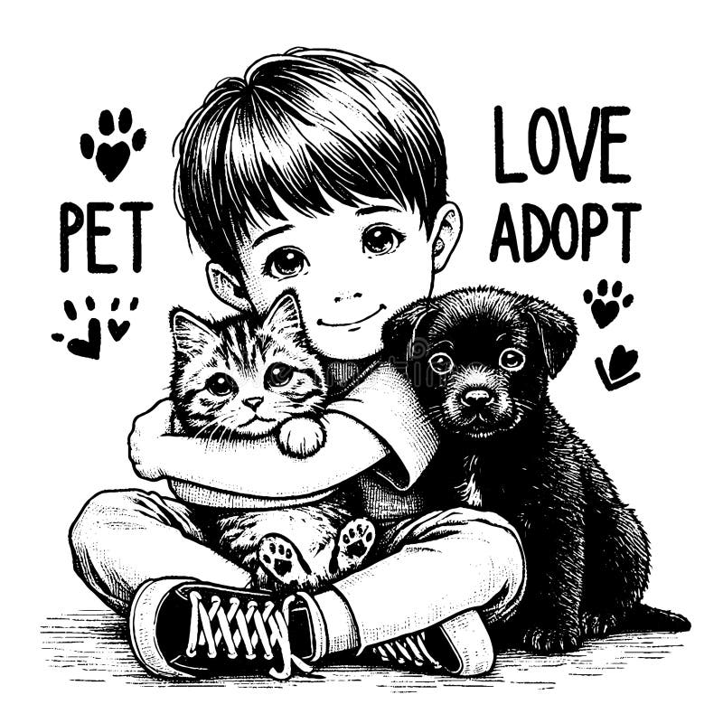 The boy and pets stock vector. Illustration of advertising - 341998714