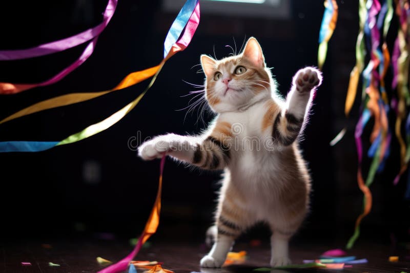 A Pet Cat Playing with a Dangling Paper Streamer Stock Photo - Image of ...