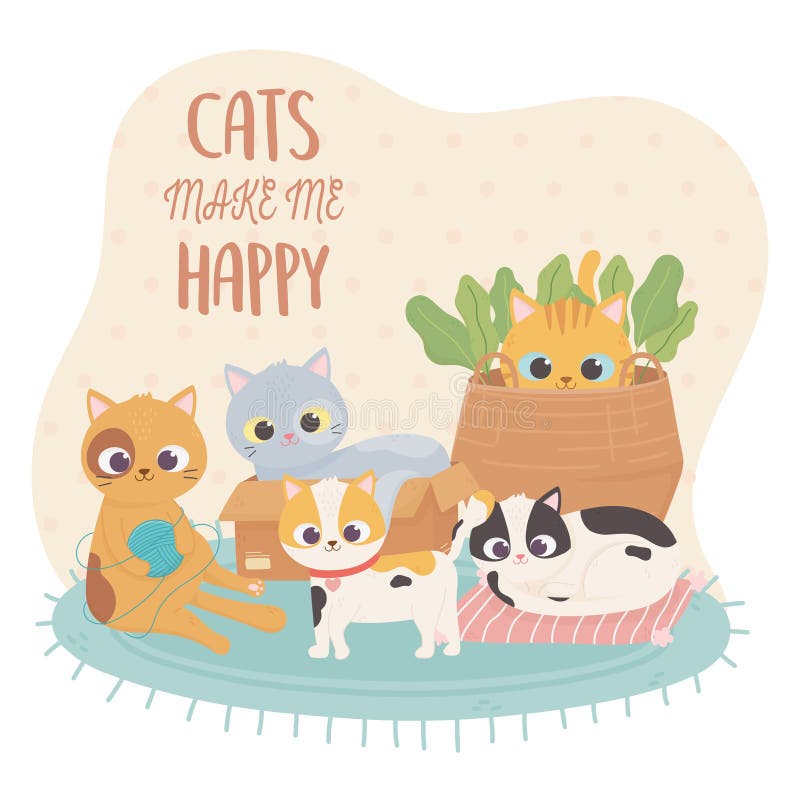 Cats Make Me Happy, Many Cats Different Breed Cartoon Stock Vector ...