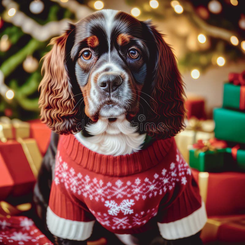 Pet Cocker Spaniel Dressed with a Christmas Jersey with Traditional ...